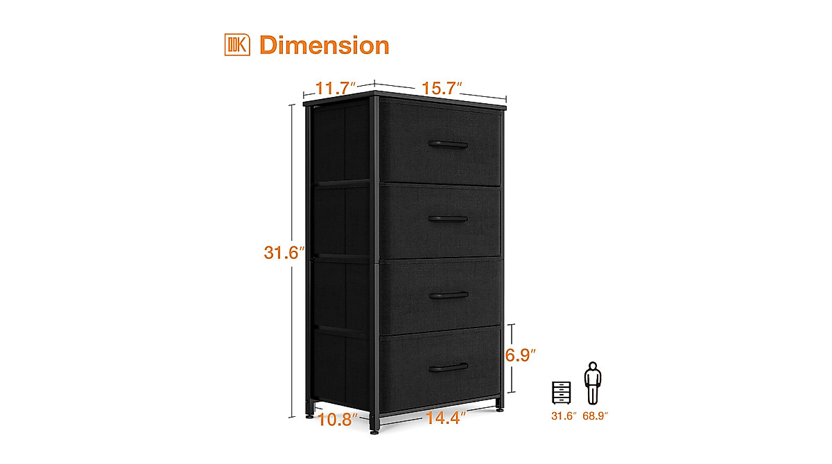 Compact ODK Dresser with 4 Storage Drawers - Black