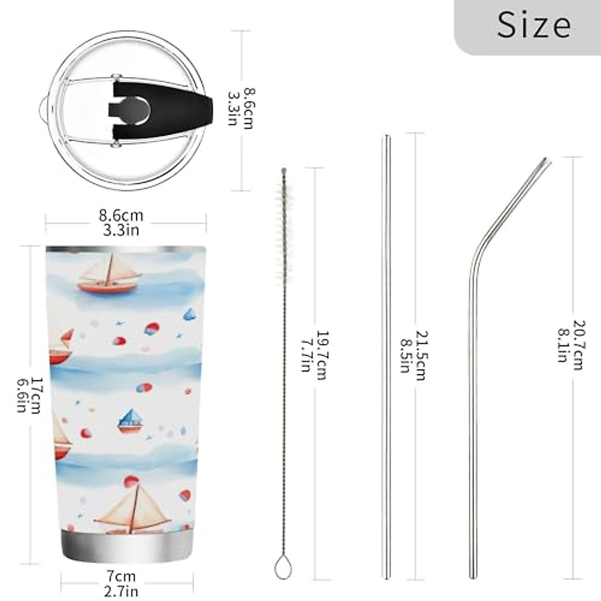 Wassud Boat Pattern 20 oz Tumbler with Lid and Straw Stainless Steel Double Wall Vacuum Tumblers Insulated Travel Coffee Mug for Cold and Hot Drinks