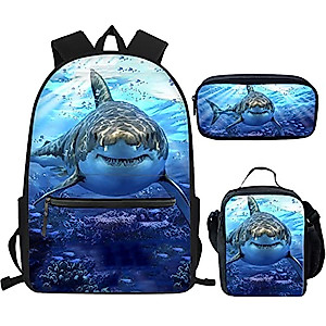 WELLFLYHOM Shark Elementary Backpack for Girls with Lunch Box Pencil Case School Back Packs Bookbag for Boys Women Large Schoolbags Bagpack Rucksack Travel Outdoor Daypack Satchel