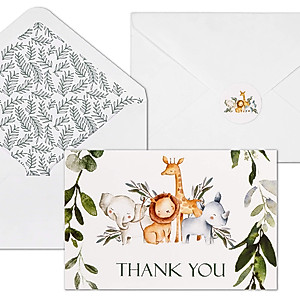 50 Pack Jungle Safari Greenery Thank You Cards, Cute Thank You Notes with Envelopes & Stickers, Baby Shower, Birthday any Occasion Large Size 4x6 Gratitude For Party, Children Stationery