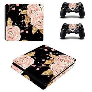 ZOOMHITSKINS Compatible with PS4 Slim Skin, Gold Glossy Flowers Pink Rose Black Fancy, Durable & Fit, 3M Vinyl, Made in The USA