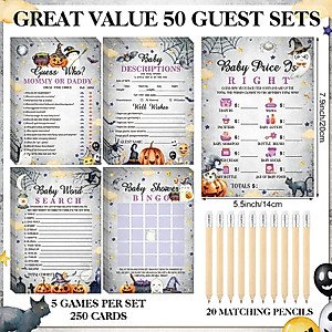 Patelai 321 Pcs Baby Shower Games Supplies, 5 Sets (50 Cards Each) Activities Cards with 20 Pencils 1 Don't Say Baby Sign 50 Clothespin(Halloween)