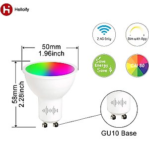 helloify GU10 LED Smart, WiFi Light Bulb Compatible with Alexa Google Home, RGBCW Color Changing, Cool Warm White Light Dimmable, No Hub Required, 40W Equivalent, RGB+2700K-6500K, 2PCS