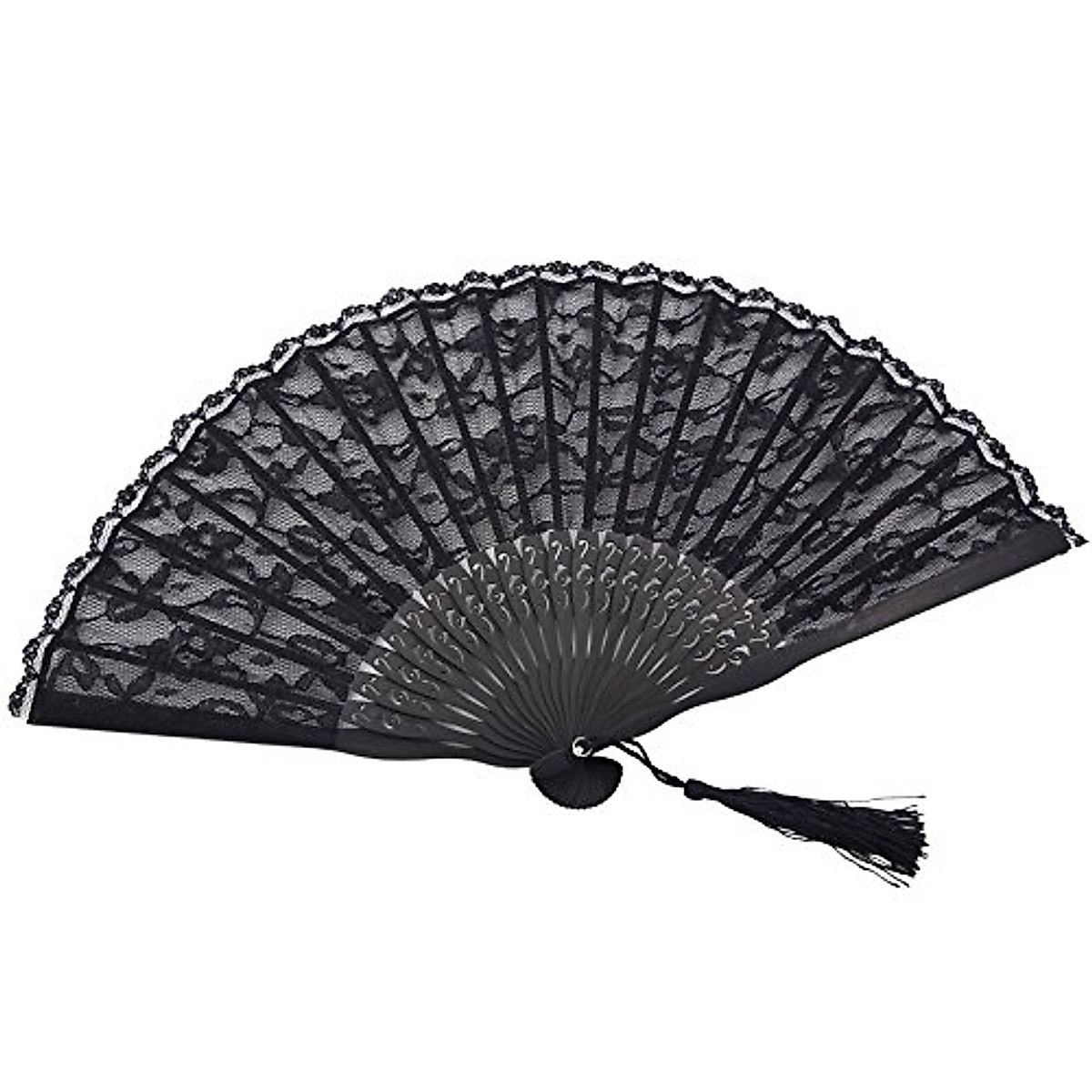 Meifan Womens Multi Color Handmade Cotton Lace Folding Hand Fan (Black-A)