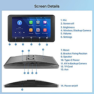 Portable Car Radio Stereo Audio Receiver with Wireless Carplay&Android Auto, 7” FHD IPS Touchscreen, 1080P Backup Cam, Siri, Google Voice, FM, Bluetooth, GPS Navigation, Aux, TF Card TTXSCAM T86
