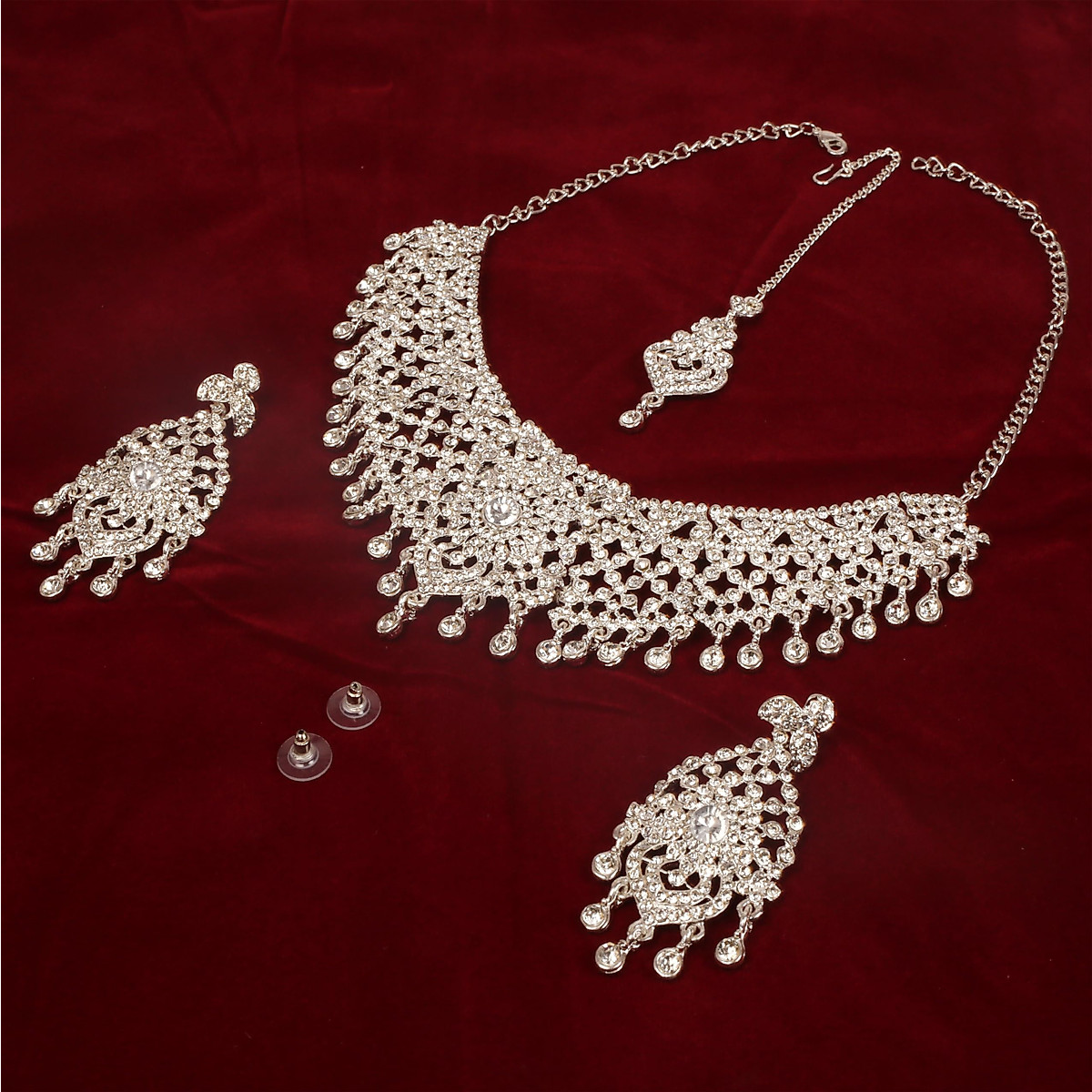 Touchstone Indian Bollywood Masterly Created Sparkling White Rhinestones Studded Look Grand Bridal Jewelry Necklace Earrings Mangtika Set In White Tone For Women.
