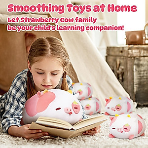 Mewaii Strawberry Cow Plushies Set, Mommy Cow Stuffed Animal with 4 Cute Small Squishy Babies, Soft Pink Cows Cuddle Pillow, Kawaii Plush Toy Gifts for Girls Boys Toddlers Kids