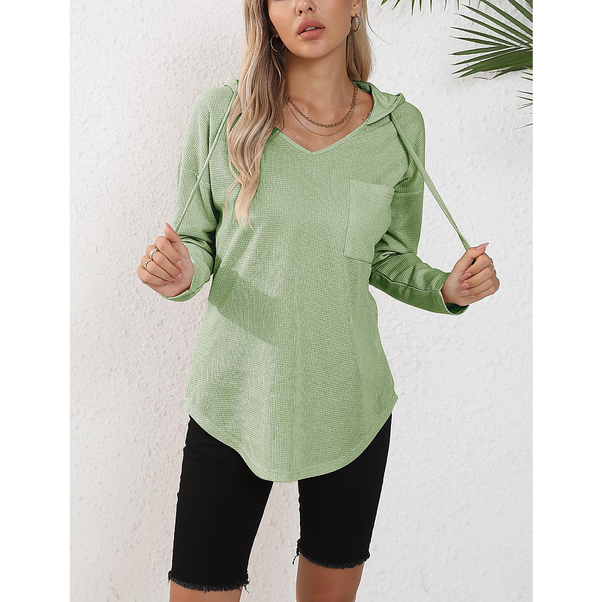 morhuduck Women's V Neck Hoodies Long Sleeve Sweatshirt Drawstring Pullover Tops with Pocket (Mint Green M)