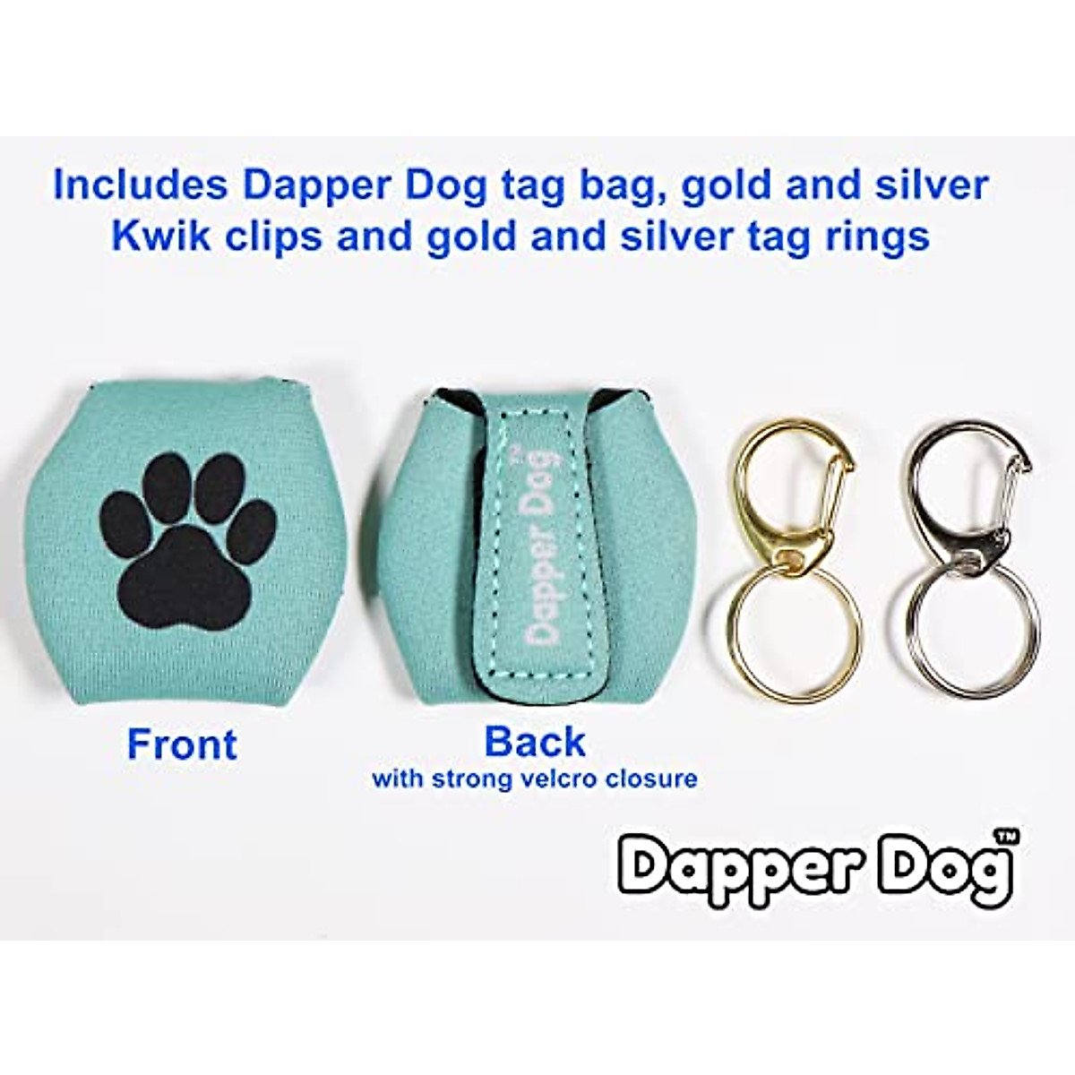 Dapper Dog Dog Tag Silencer with Gold and Silver Kwik Clips and Gold and Silver Tag Rings (Teal with Black Paw)