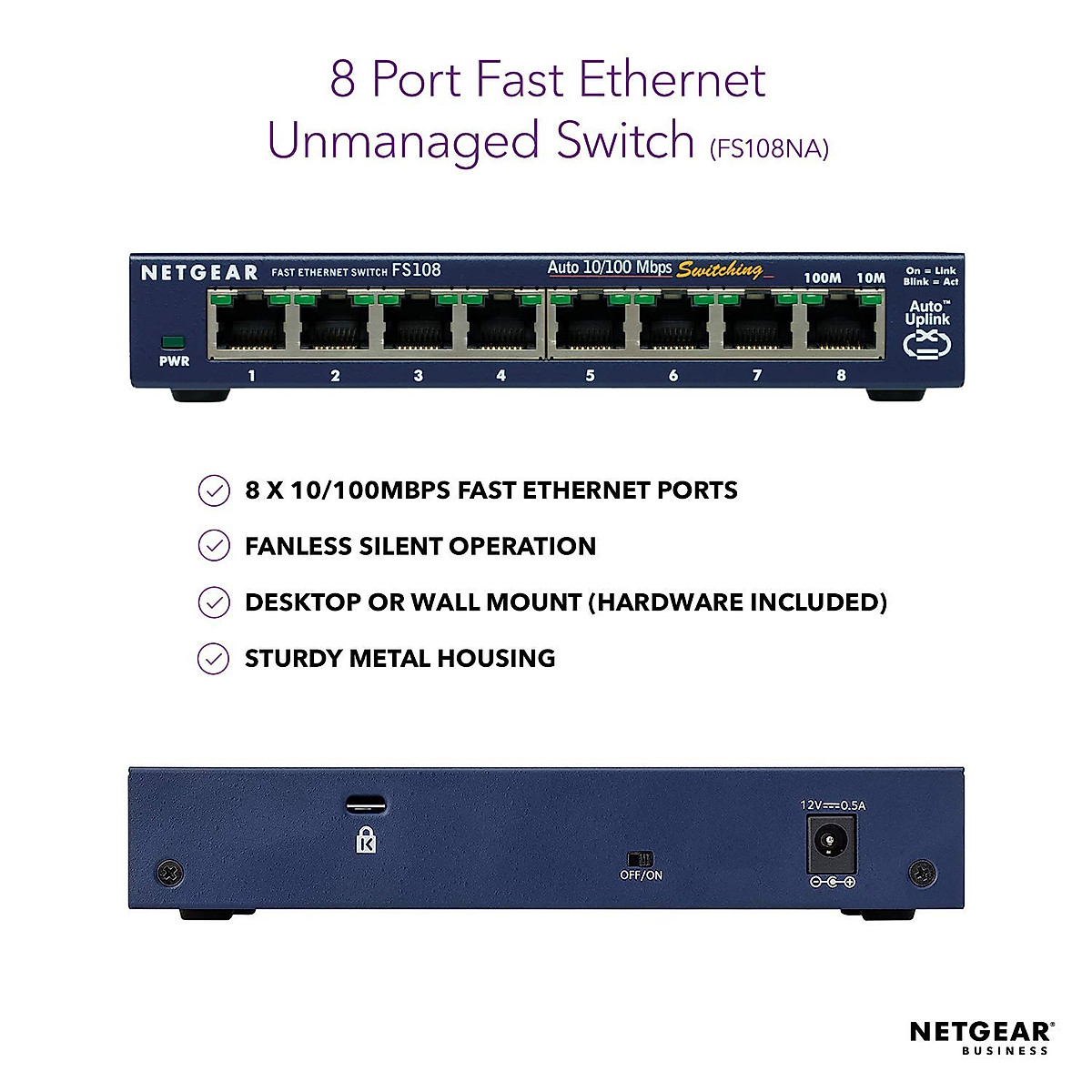 NETGEAR 8-Port Fast Ethernet 10/100 Unmanaged Switch (FS108) - Desktop and ProSAFE Lifetime Protection