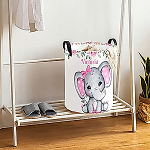Adorable Elephant Girl Large Storage Basket Personalized Laundry Hamper with Name Bathroom Home Decor Collapsible Round Storage Bin Boxes Clothing for Gift, 19.69''(height) x 14.17''(diameter)