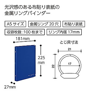 Kokuyo Color Palette Metal Round Ring Binder, A5-S, 20 Holes, Up to 100 Sheets, 5 Colorful Tab Dividers, Middle Vertical Type, Navy Blue, Japan Import (RU-105-2)