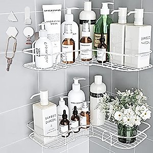 Huryfox Corner Shower Caddy Bathroom Organizer Shower Shelf with Hooks, Adhesive Shower Shelves, Wall Mounted Shampoo Holder, 2 Pack Shower Racks for Inside Shower, White