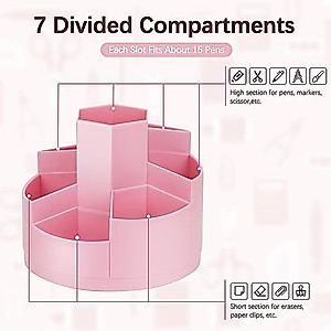 Pen Holder for Desk, 360° Rotating Pencil Holder, 7 Slot Pen Organizer, Large Cute Marker Organizer for Office, School, Classroom, Pencil Container with Stickers for Art Supply, Makeup Brush (Pink)