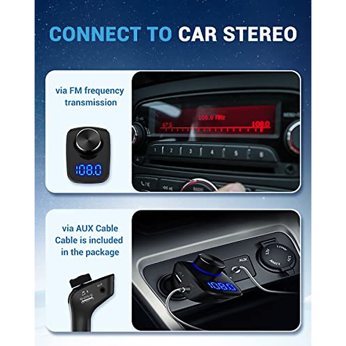 NECESPOW Bluetooth FM Transmitter for Car, Bluetooth 5.0 Car Adapter w/AUX Cable, MP3 Player Wireless Radio Receiver Car Kit Support 48W(USB-C PD+QC3.0)/AUX/TF Card/U-Disk