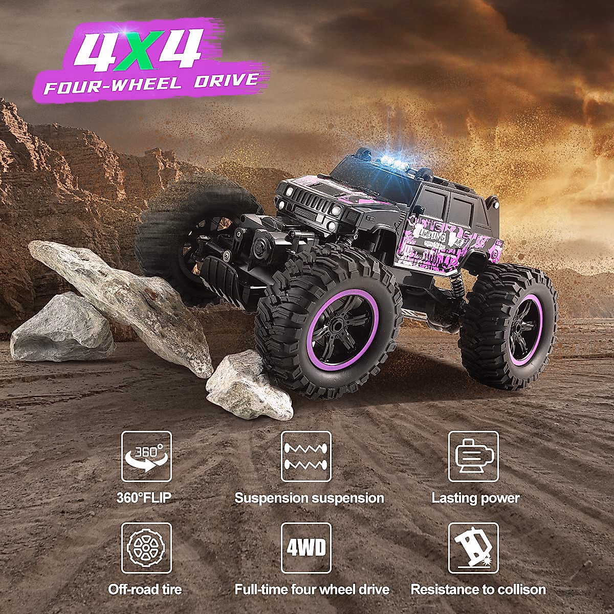 Songtai Remote Control Car, Purple Rc Truck 4x4 Off-Road Waterproof Function 360° Rotation, Suitable for Boys, Girls, Adult and Children's Toy