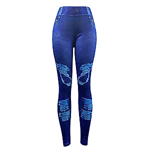 Women's Denim Print Fake Jeans Seamless Full Length Leggings Yoga Pants High Waist Skinny Jeggings for All Seasons