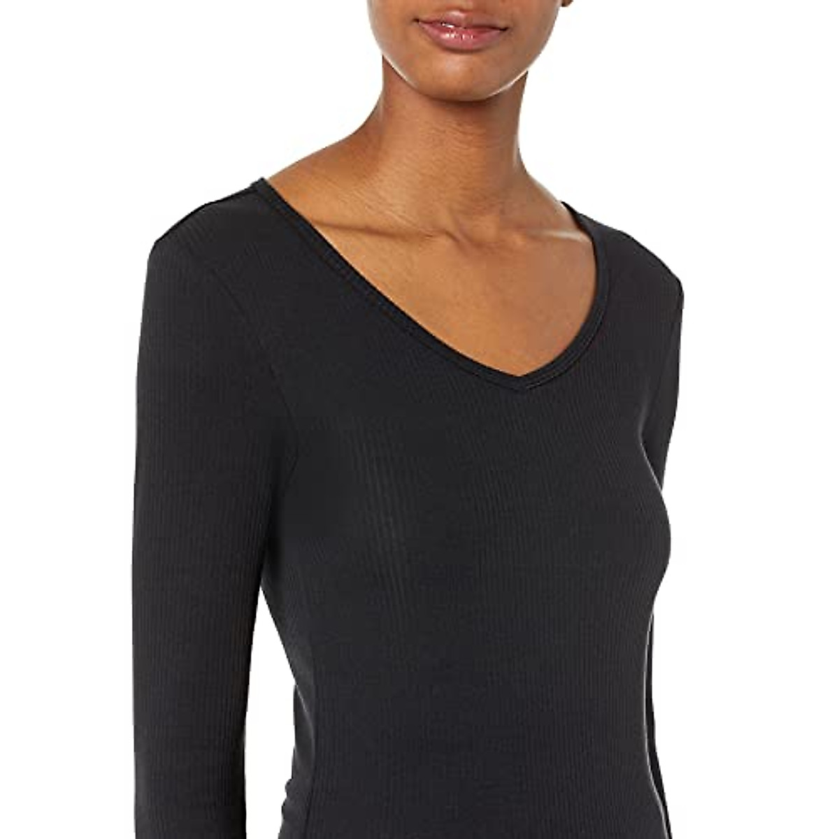 Amazon Essentials Women's Fitted Long Sleeve Shirt, Slim-Fit - Layering Knit Rib V-Neck (Plus Size Available), Pack of 2, Black, Large