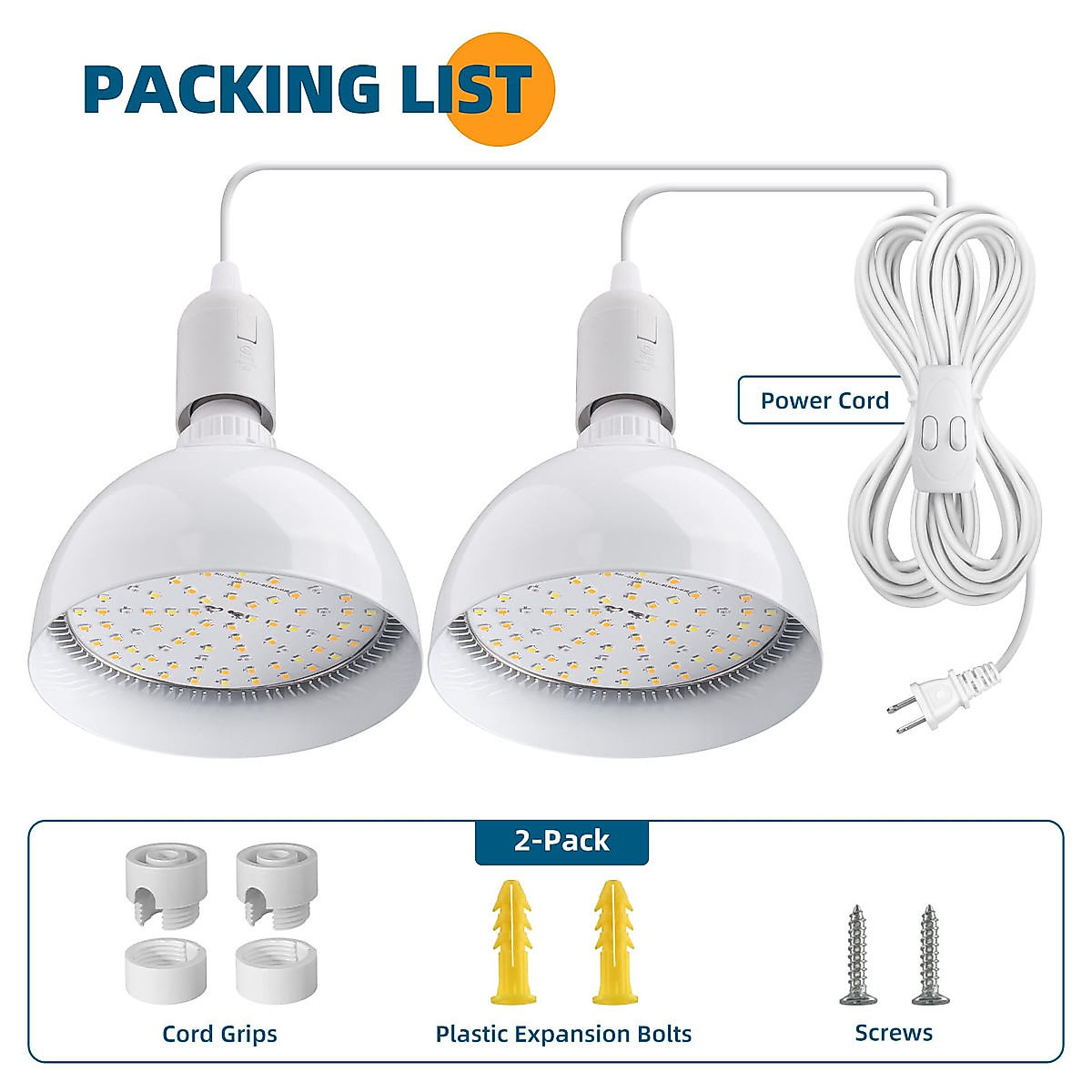 Barrina LED Grow Light Bulb, 50W Full Spectrum, with 16.4FT Power Cord, Hanging Grow Lights for Indoor Plants, Large Tall Plant, Garden, Flowers, Greenhouse, 2-Head