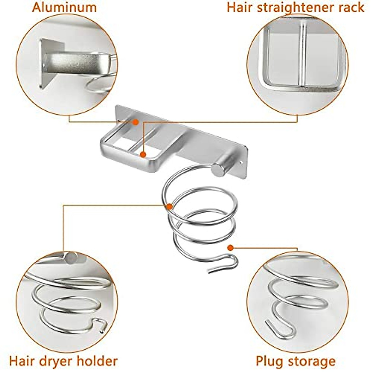 Hair Dryer Holder Wall Mount,Blow Dryer Organizer Wall Mounted Flat Irons,Curling Wands Save Space & Easy to Install Multi-Functional Hair Dryer Rack for Bedroom & Bathroom (Aluminum, siliver)