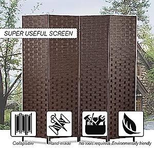 Room Divider, 6FT Wall Divider Wood Screen 4 Panels Wood Mesh Hand-Woven Design Room Screen Divider Indoor Folding Portable Partition Screen,Brown
