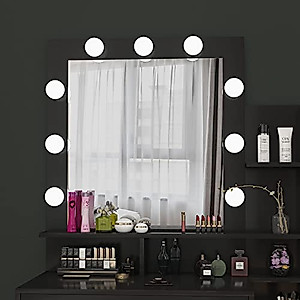 PAKASEPT Vanity Set with Lighted Mirror, Makeup Vanity Dressing Table with LED Light, Drawers, Storage Shelves and Cushioned Stool, Small Vanity Desk for Bedroom (Black, 39.4"Lx15.7"Wx63"H)