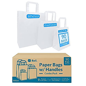 Reli. 90 Pack | Assorted Sizes White Paper Bags w/Handles | 7x3.15x8-8x4.5x10.25-10x5x13 | 30 Bags Each Size | Paper Bags Combo Pack | Retail Bags/Shopping Bags, Gift Bags