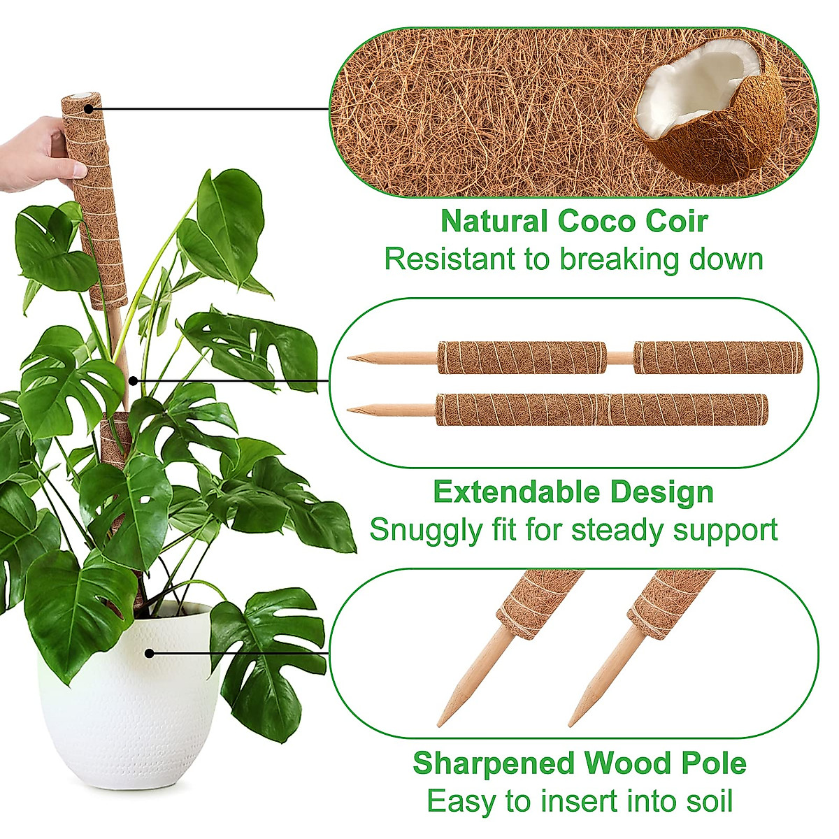 GROWNEER 24 Inch Moss Pole, 2 Pcs 15 Inch Stackable Totem Pole Plant Support, Moss Sticks for Indoor Plants with 15pcs Labels and 78in Garden Ties, Monstera Plant Stake for Climbing Plants Snake Plant