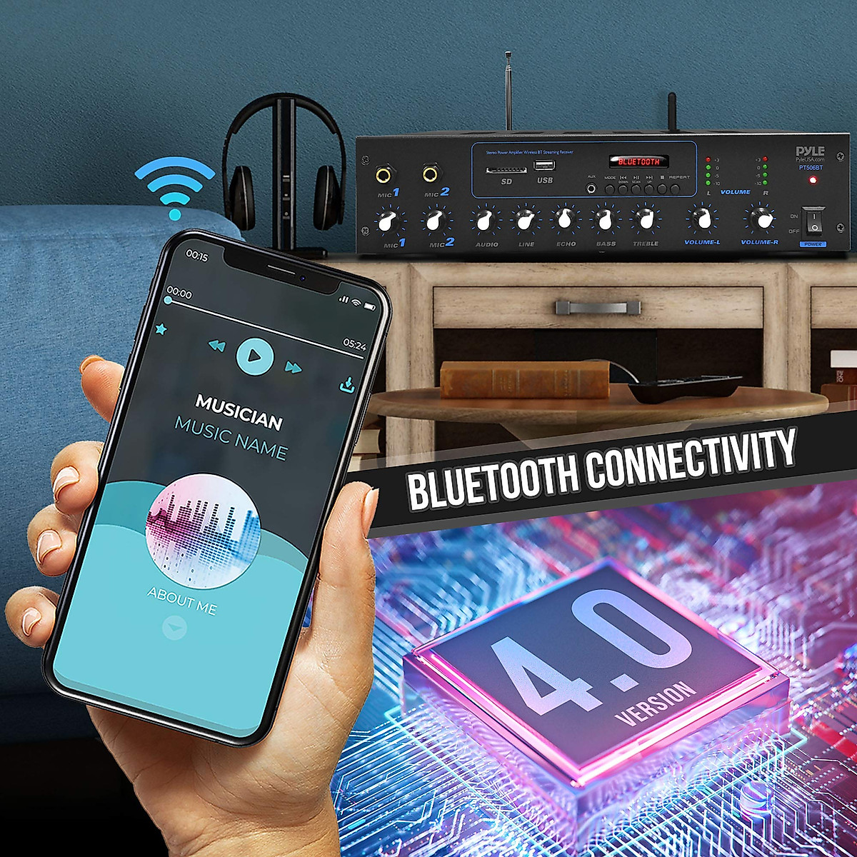 Pyle Professional Powered Amplifier & Bluetooth Receiver Stereo Audio System, FM Radio, (2) 1/4'' Microphone Input Jacks, MP3/USB/SD/AUX Playback, LCD Display ID3 Tag Readout 600 Watt - PT506BT.5