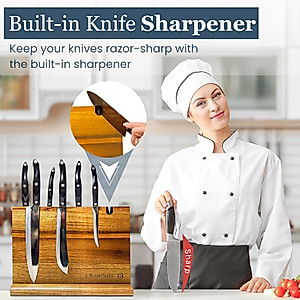 Acacia Wood Magnetic Knife Block 14 x 10" - Double Sided Magnet Knife holder - Magnetic Knife Board W/Knife Sharpener - Knife Holder for Kitchen Counter - Detachable Knife Display Stand