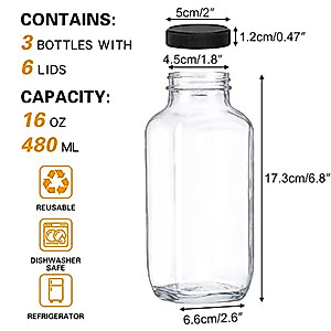 Moretoes 3pcs 16oz Glass Bottles with Lids Glass Milk Bottles Glass Juice Bottles Square Beverage Bottles for Milk Juice Tea Milkshake Water Honey Jam