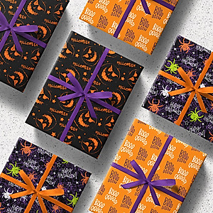 LDGOOAEL Wrapping Paper Roll with Cut Lines on Reverse - Mini Roll(17" X 120" Per Roll) - Purple Spider, Orange bat for Halloween, Birthday, Wedding, Baby Shower,Bridal Showers