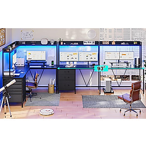 UPOSOJA L Shaped Gaming Desk with Shelves, Reversible Computer Desk with Power Outlet & LED Lights, Home Office Desks Writing Desk with 3 Drawers Monitor Stand Storage Hutch(Black)