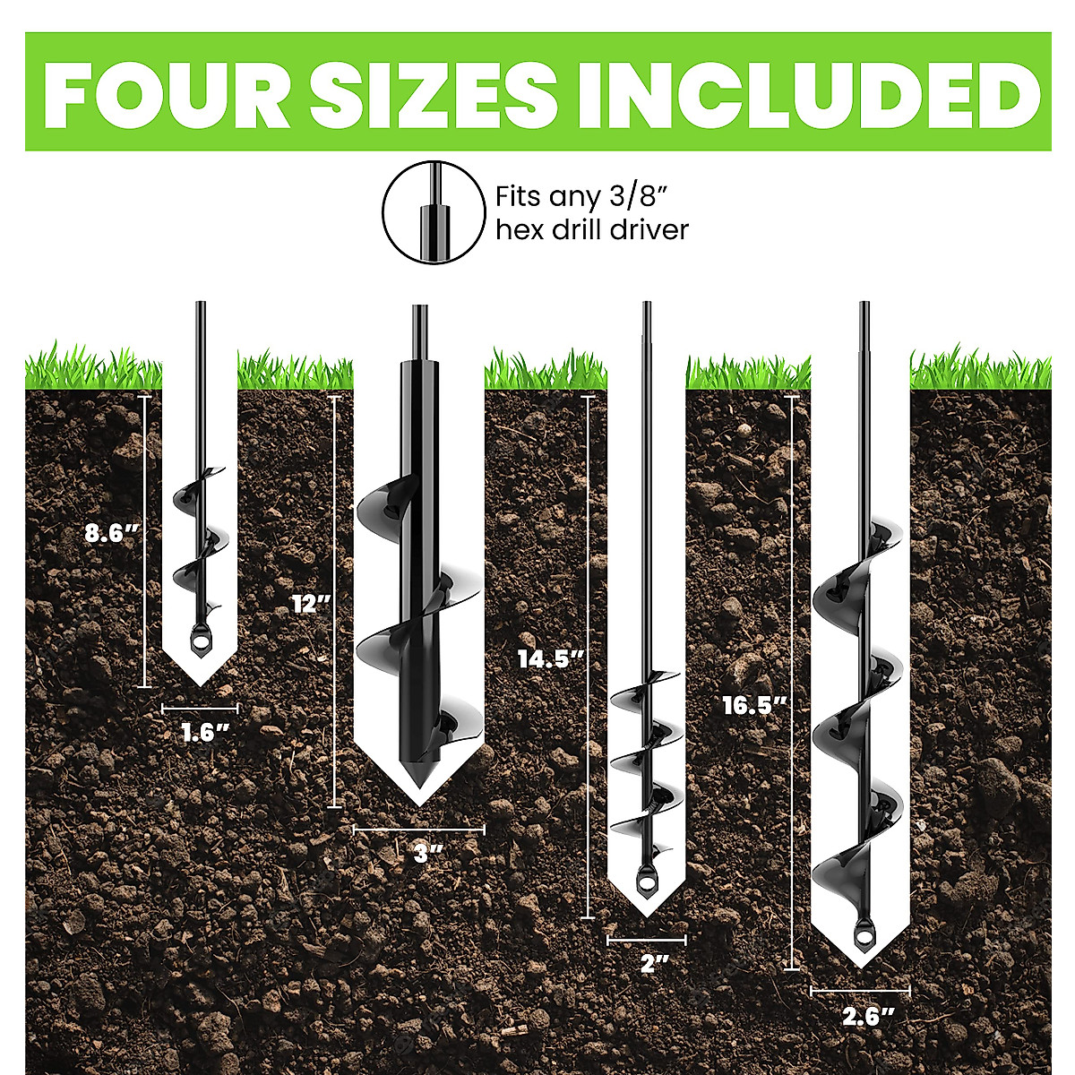 K-Brands Auger Drill Bit for Planting 4 Pack – Garden Spiral Hole Drill and Bulb Planter Tool - Bedding Plants, Umbrella Holes – for 3/8 Inch Hex Drive Drill