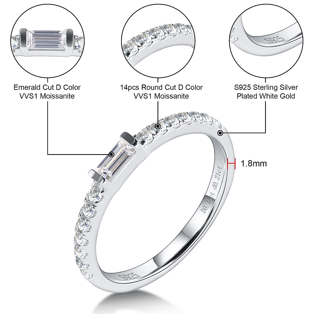 Hitlinker Moissanite Wedding Band Emerald Cut Baguette Rings for Women S925 Sterling Silver Moissanite Rings D Color VVS1 Lab Created Diamond Rings Half Moissanite Eternity Band Baguette Wedding Band