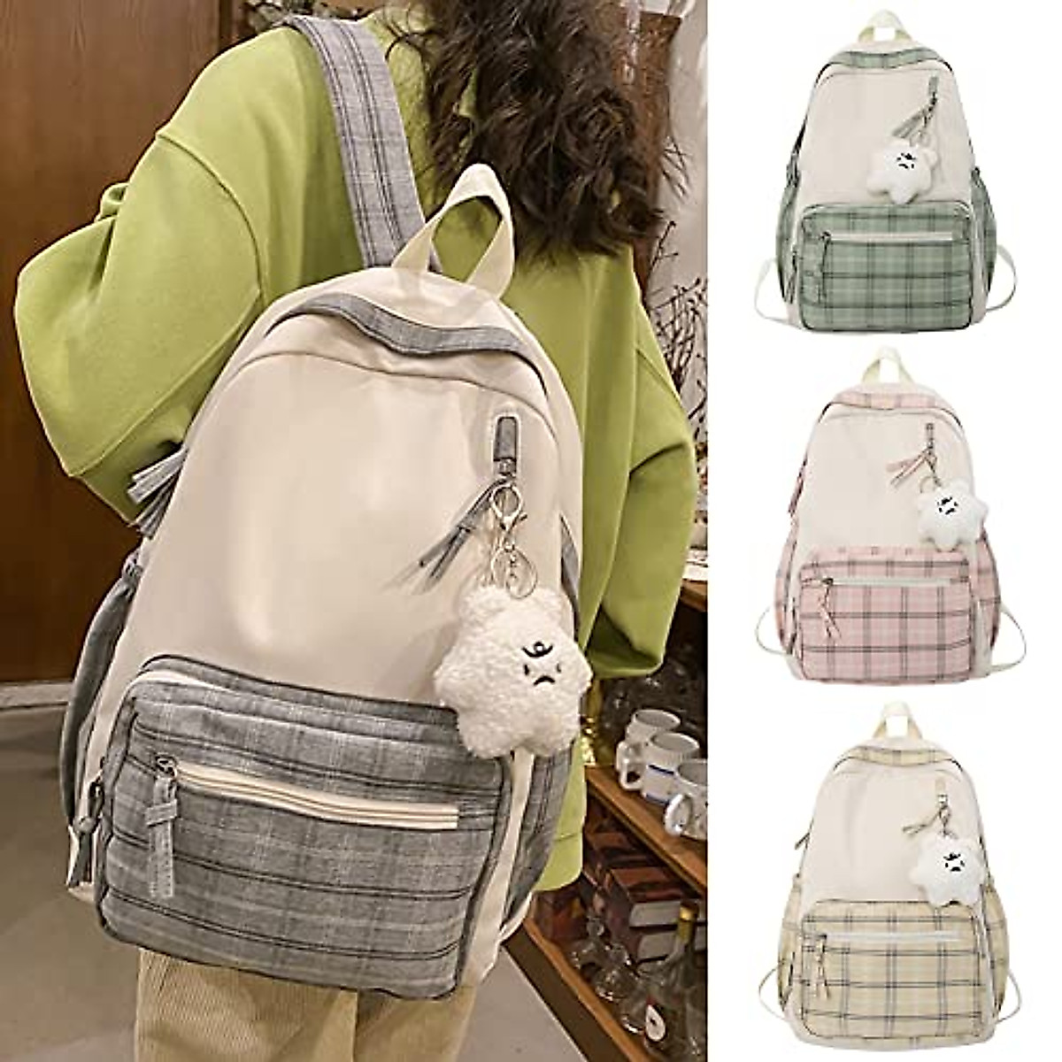 Lovemore Kawaii Backpack Aesthetic Backpacks with Plush Back to School Supplies, College Backpack Travel Daypack Bookbags for Teens (Green)