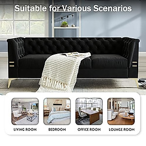 LaiBiKe Mid Century Velvet Couches 83" 2 Seater Living Room Sofa Comfortable Black Couch Solid Wood Frame Metal Legs for Guest Room Playroom Bedroom(03-Black-83)