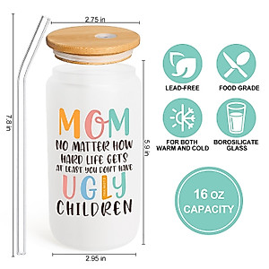Birthday Gifts for Mom, Mama Women Gift Can Glass Cup with Glass Straw & Lid from Daughter Son, New Mom Cool Great Best Funny Mother's Day Presents for Female, Coffee Wine Cup Present for Christmas