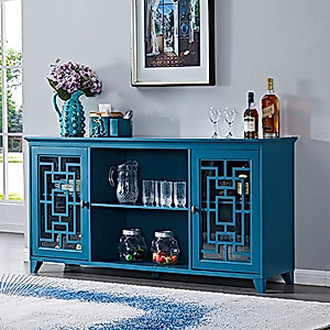 KIVENJAJA Buffet Cabinet with Storage, 60” Sideboard with 2 Glass Doors and Adjustable Shelves, Coffee Bar Table Credenza for Kitchen, Dining Room, Entryway, Living Room (Teal Blue)