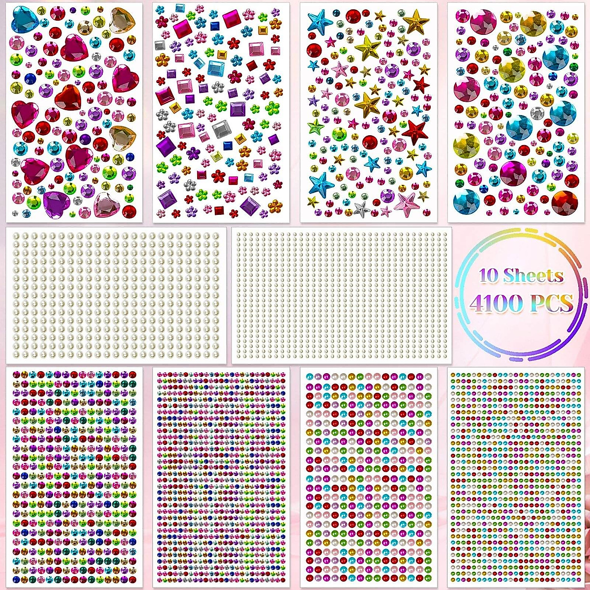 ROADPLUM 4100Pcs Gem Stickers for Crafts, 10 Sheets Self Adhesive Gemstones Pearl Jewels Stickers for Kids Crafts, Stick on Gems Pearls for Hair, Bling Rhinestone Stickers for Decoration