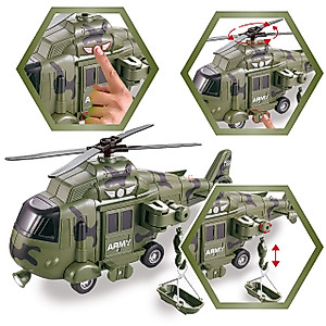 JOYIN 2 Pack Friction Powered Realistic Military Vehicle Car Set Including Convertible Military Truck, Helicopter, Army Men Action Figures and Accessories, Lights and Sounds Sirens