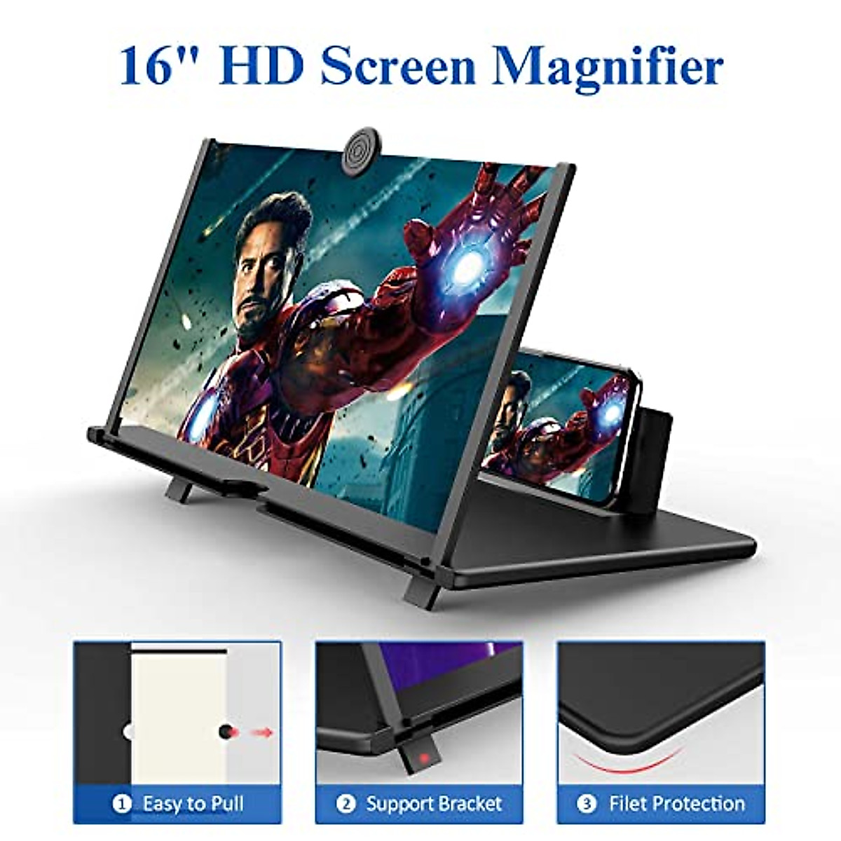 16" Screen Magnifier -3D HD Mobile Phone Magnifying Projector Screen Enlarger for Movies, Videos and Gaming – Foldable Phone Stand Holder with Screen Amplifier–Compatible with All Smartphones