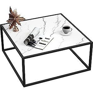 SAYGOER Marble Coffee Table Small Square Coffee Tables Simple Modern Center Table for Living Room Home Office 27.6 * 27.6 * 15.7, Easy Assembly, White Faux Marble