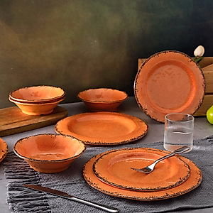 LEHAHA Rustic Farmhouse Melamine Dinner Plates Set of 6, 11 inch Lightweight Camper RV Dishes, Indoor and Outdoor Use, Reusable, Sturdy and Dishwasher Safe, Orange