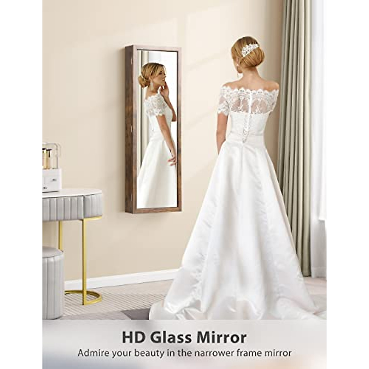 Nicetree 6 LEDs Mirror Jewelry Cabinet with 3 Improvements, 4.2" D Door/Wall Mounted Jewelry Armoire with Full Length Mirror, Larger Capacity, Rustic Brown