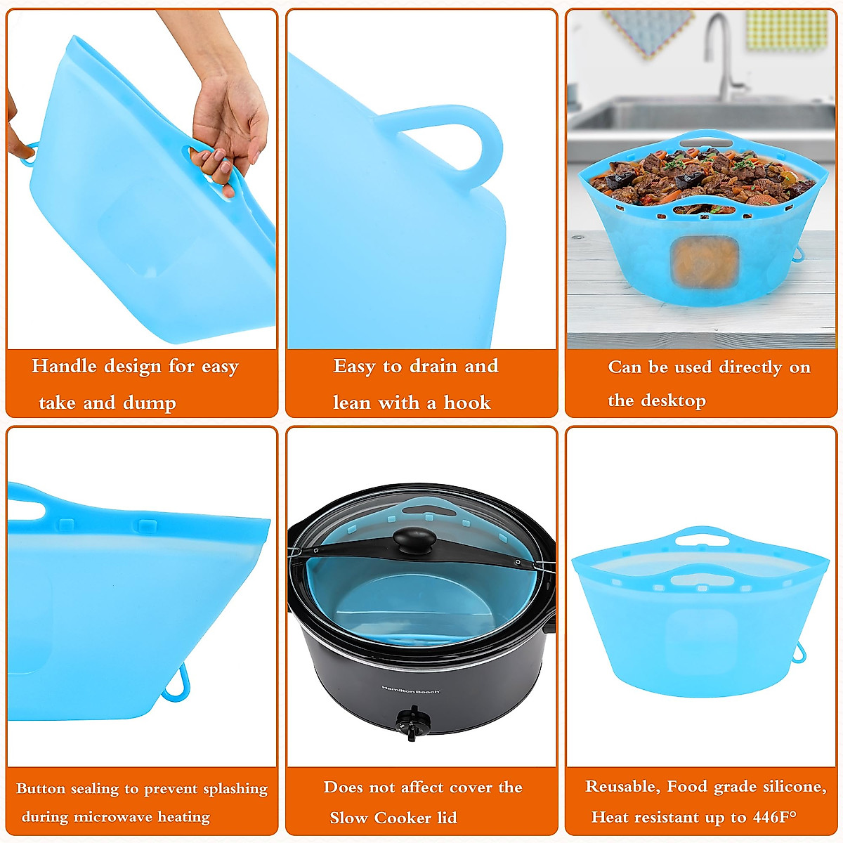 2pcs Silicone Slow Cooker Liners, Reusable Slow Cooker Liners for 6-10 Quarts, Leakproof & Easy Clean Crock-Pot Cooking Bags Liners with Handle for Oval or Round Pot (Green+Blue)