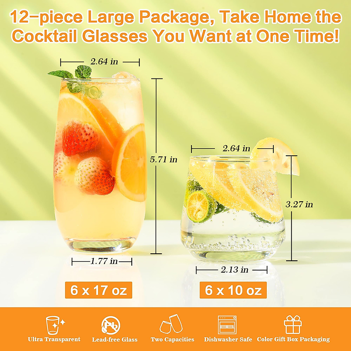 ISMASOAN Drinking Glasses Set of 12-6 Tall Glass Cups 17 oz and 6 Short Stemless Wine Glasses 10 oz,Glass Sets for Drinking,Glassware Sets,Drinkware Glasses Set,Mojito Glass, Gift Box Set