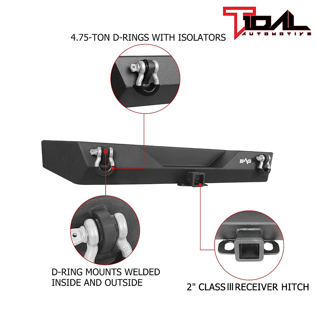 EAG Rear Bumper With 2" Hitch Receiver & 2 D-ring Black Textured Off Road for 87-06 Jeep Wrangler TJ YJ