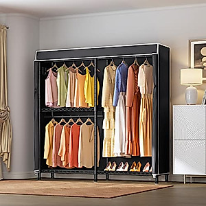 VIPEK V4C Double Clothing Rack with Cover Protable Closet for Hanging Clothes, Heavy Duty Garment Rack Metal Wardrobe Storage System with Adjustable Shelves & 2 Side Hooks, Black Rack with Black Cover