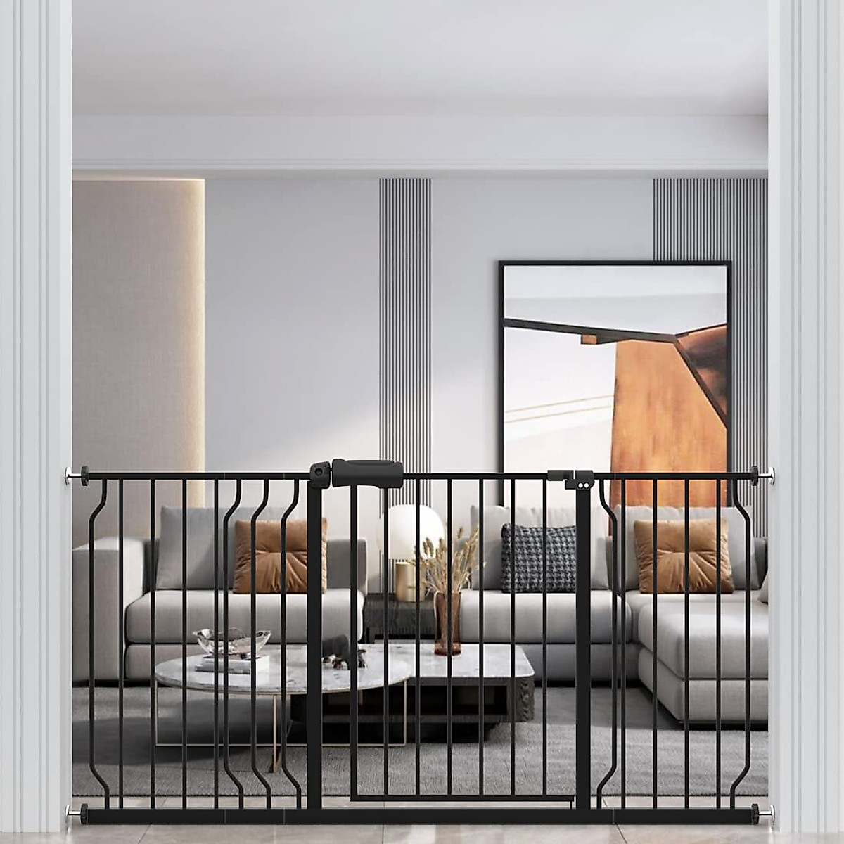 WAOWAO Baby Gate 57.48-62.20" Extra Wide Pressure Mounted Walk Through Swing Auto Close Safety Black Metal Toddler Kids Child Dog Pet Puppy for Stairs,Doorways,Kitchen